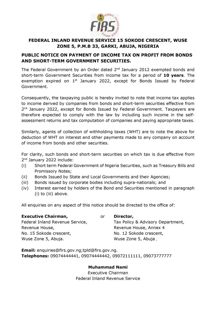 FIRS public notice on payment of income Tax on profit