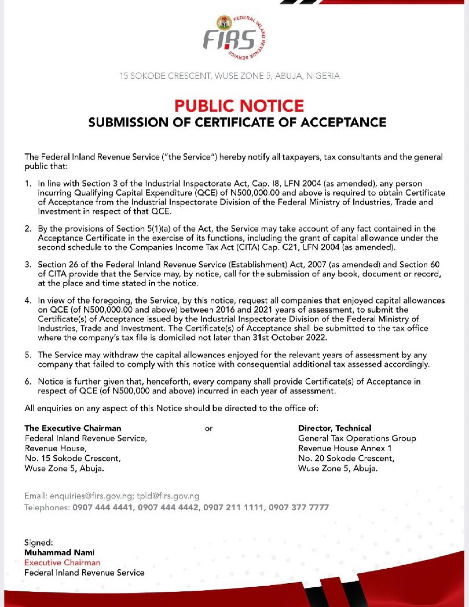 Submission of certificate of Acceptance